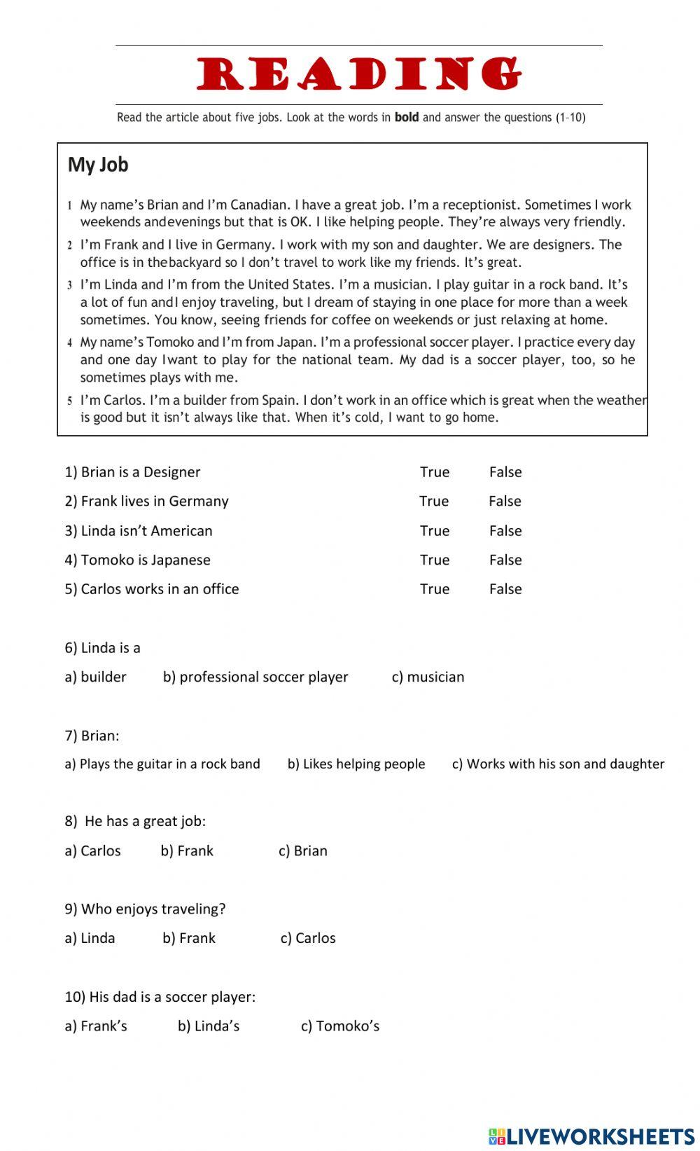 Reading Exam interactive exercise for intro | Live Worksheets