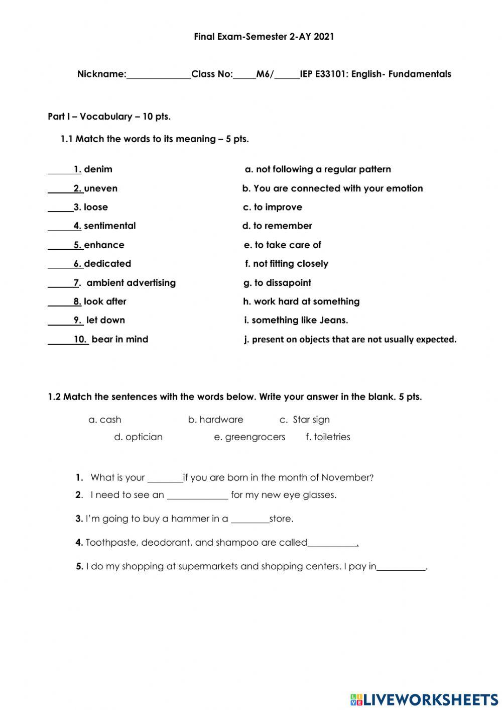 M6-Final Exam | Free Interactive Worksheets | 3553830