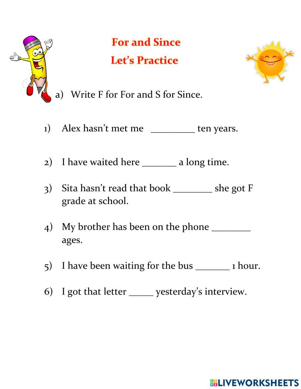For and Since | Free Interactive Worksheets | 1894824
