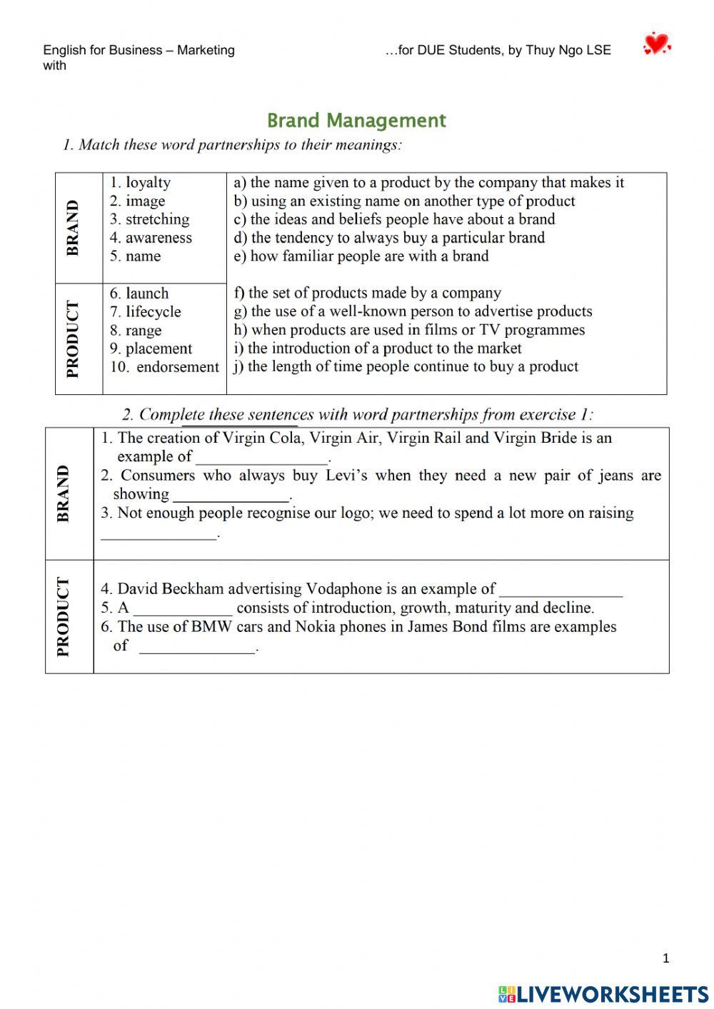 E4B Brand management worksheet | Live Worksheets
