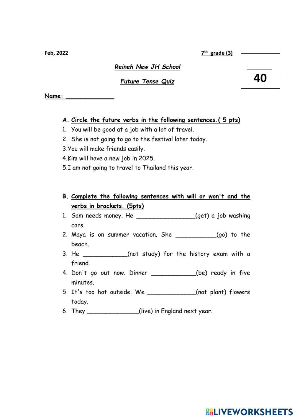 Future tense interactive worksheet for 7th grade 3 | Live Worksheets