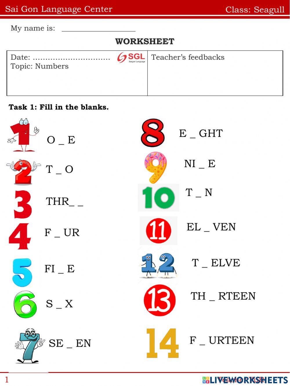 Numbers online exercise for grade1 | Live Worksheets