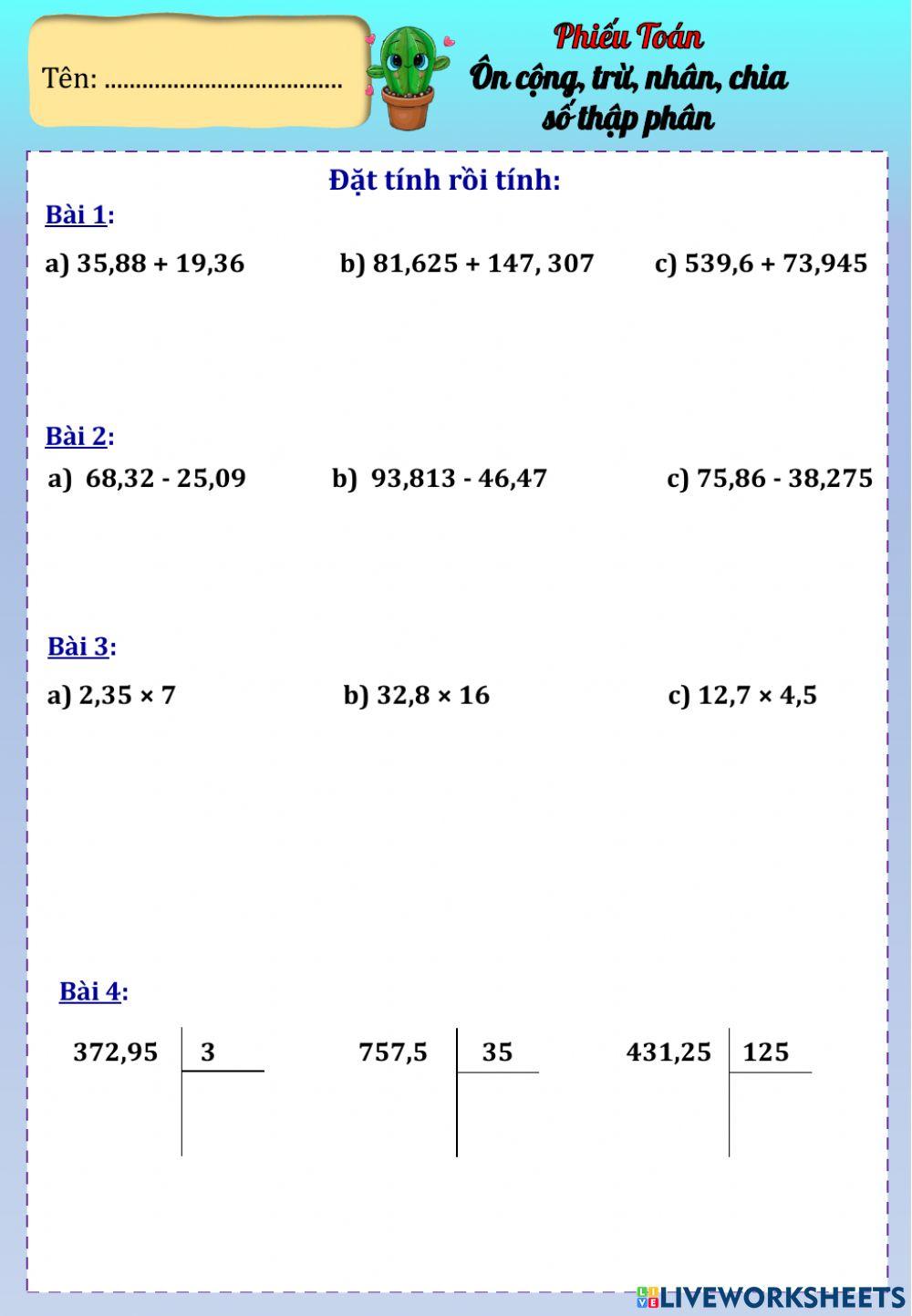 Bai tap | LiveWorksheets | 1895386