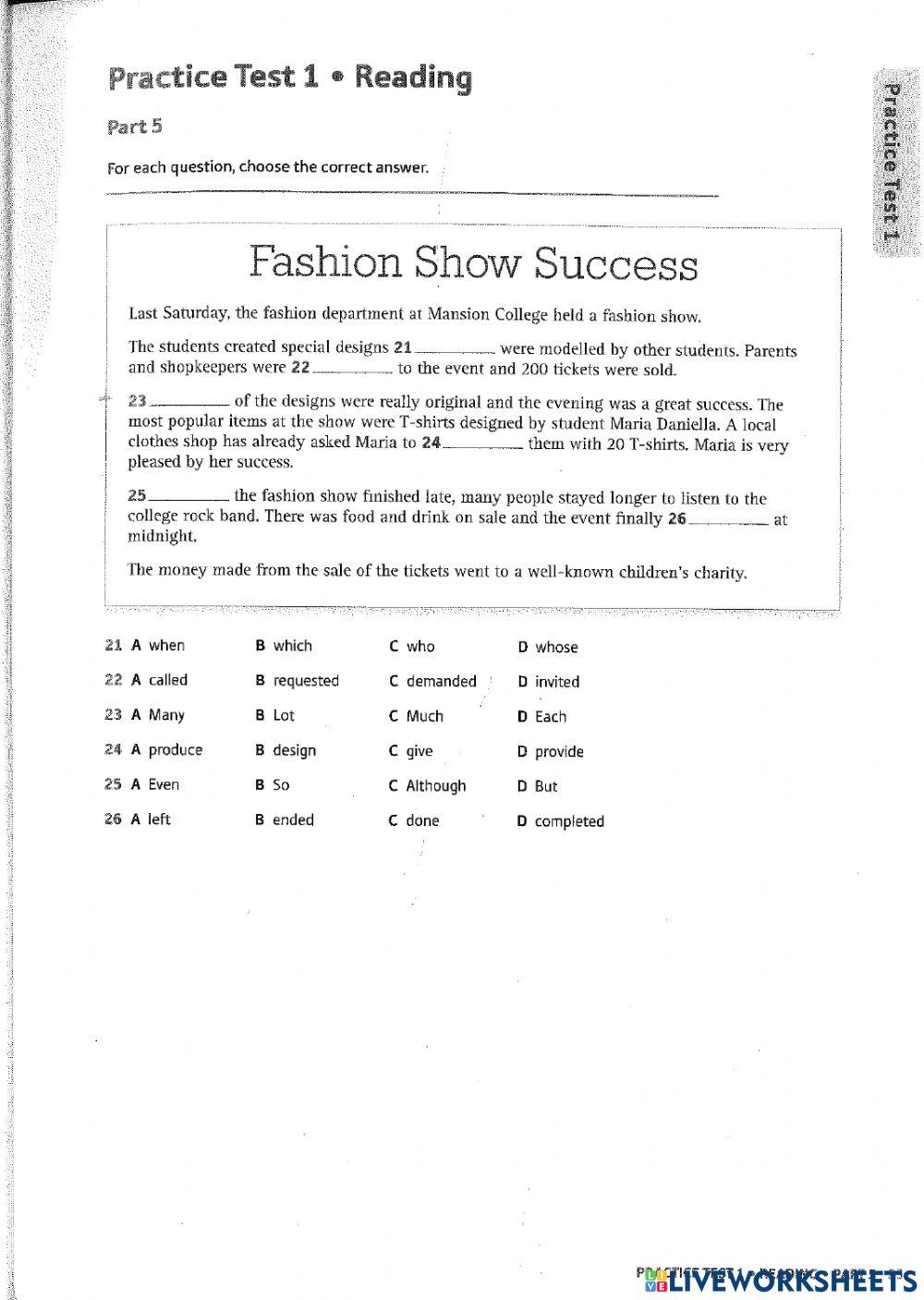 PET-READING 1 Part 4,5,6 online exercise for | Live Worksheets