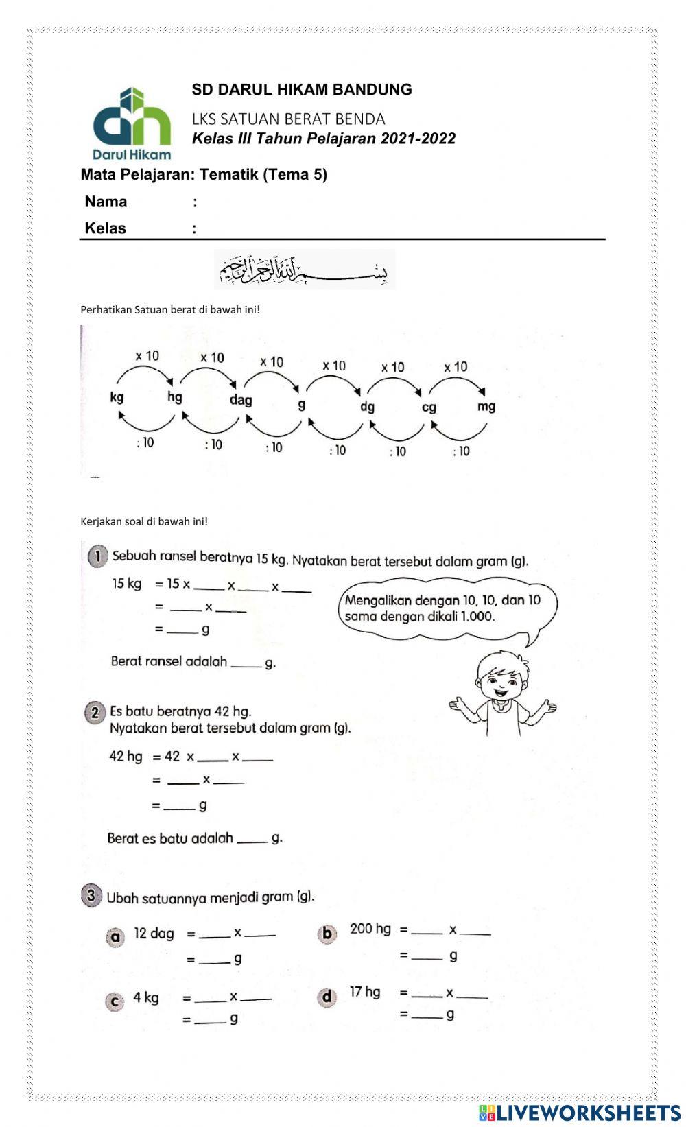 Satuan berat 1895725 | Nani Rohaeni | Live Worksheets