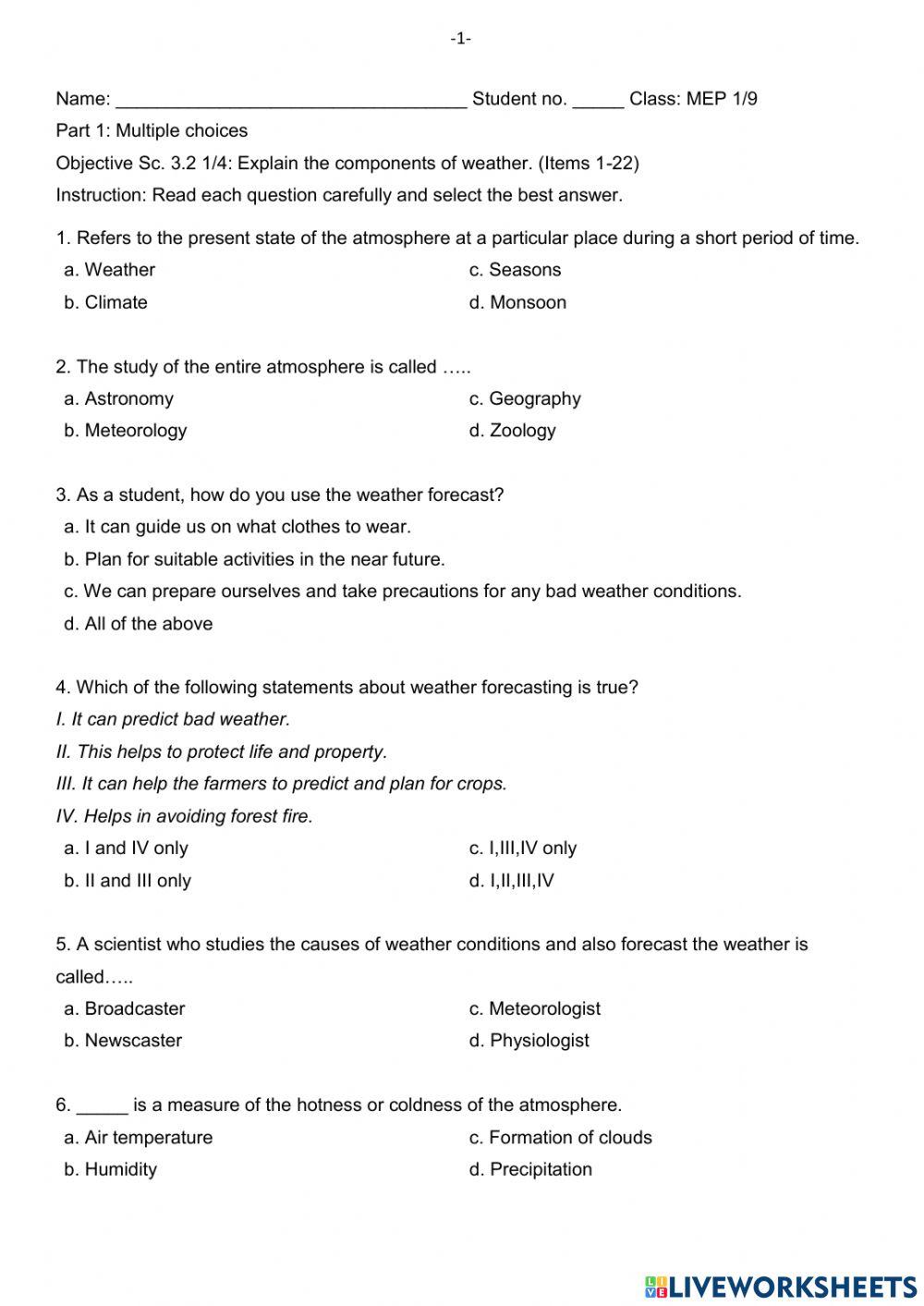 Final exam online exercise for 1 | Live Worksheets