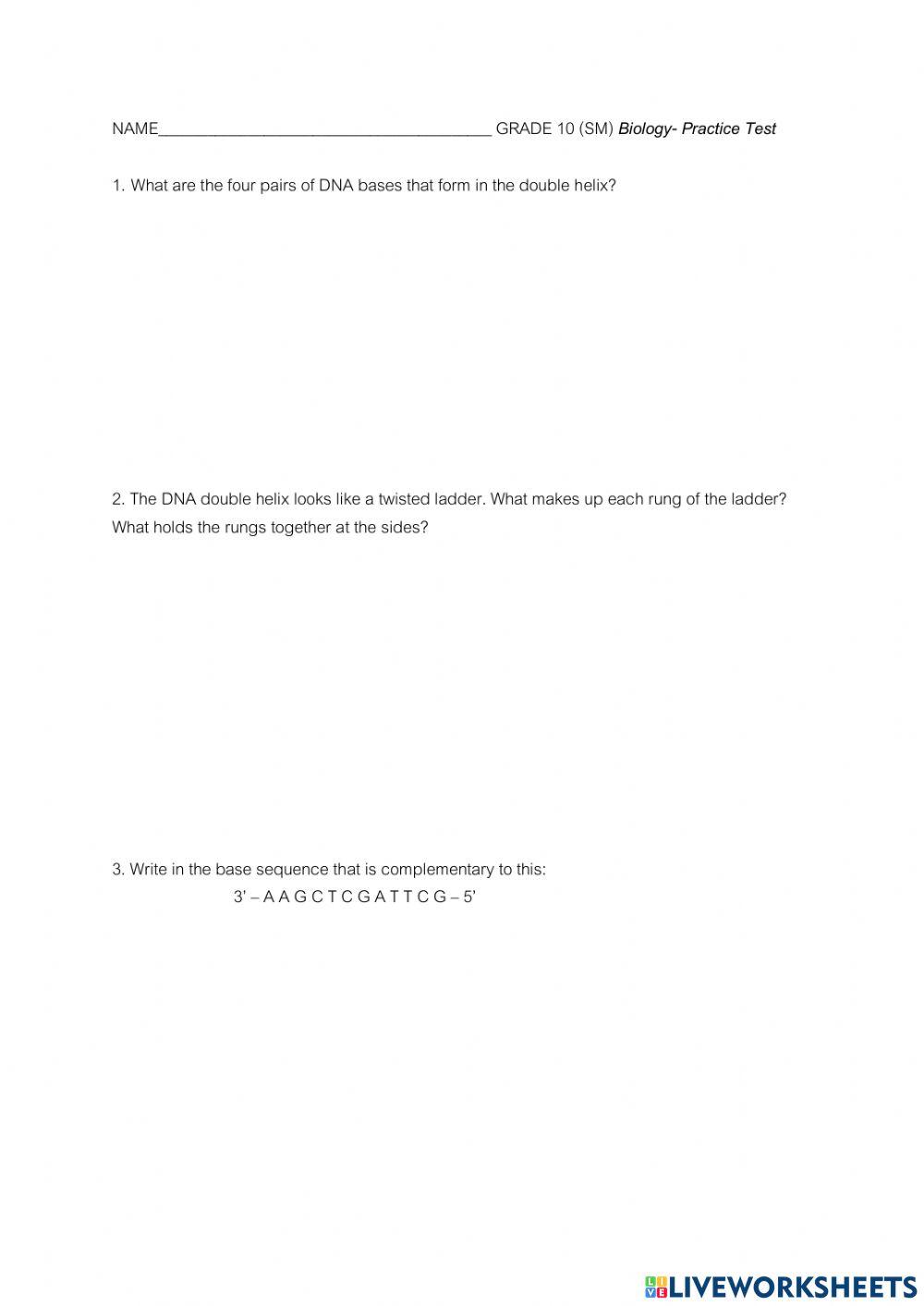 Biology Grade 10- Practice Test online exercise for | Live Worksheets