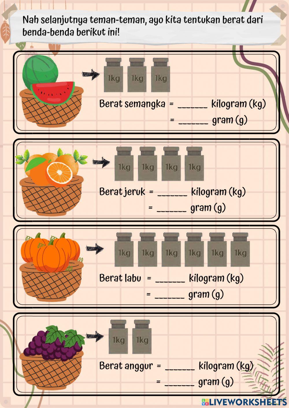 Satuan berat interactive exercise for 2 | Live Worksheets