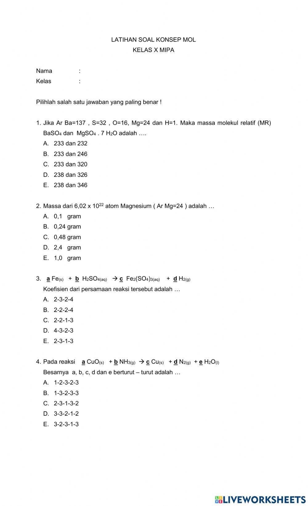 Latihan Soal Konsep Mol worksheet | Live Worksheets
