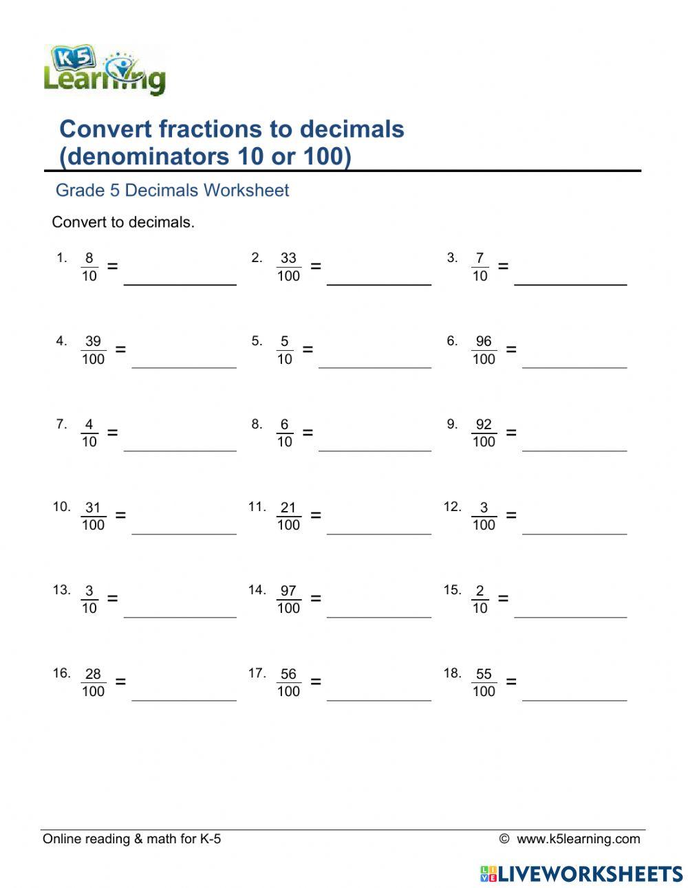 Converting Fractions into Decimals-Practice 1 (grade 4) online exercise ...