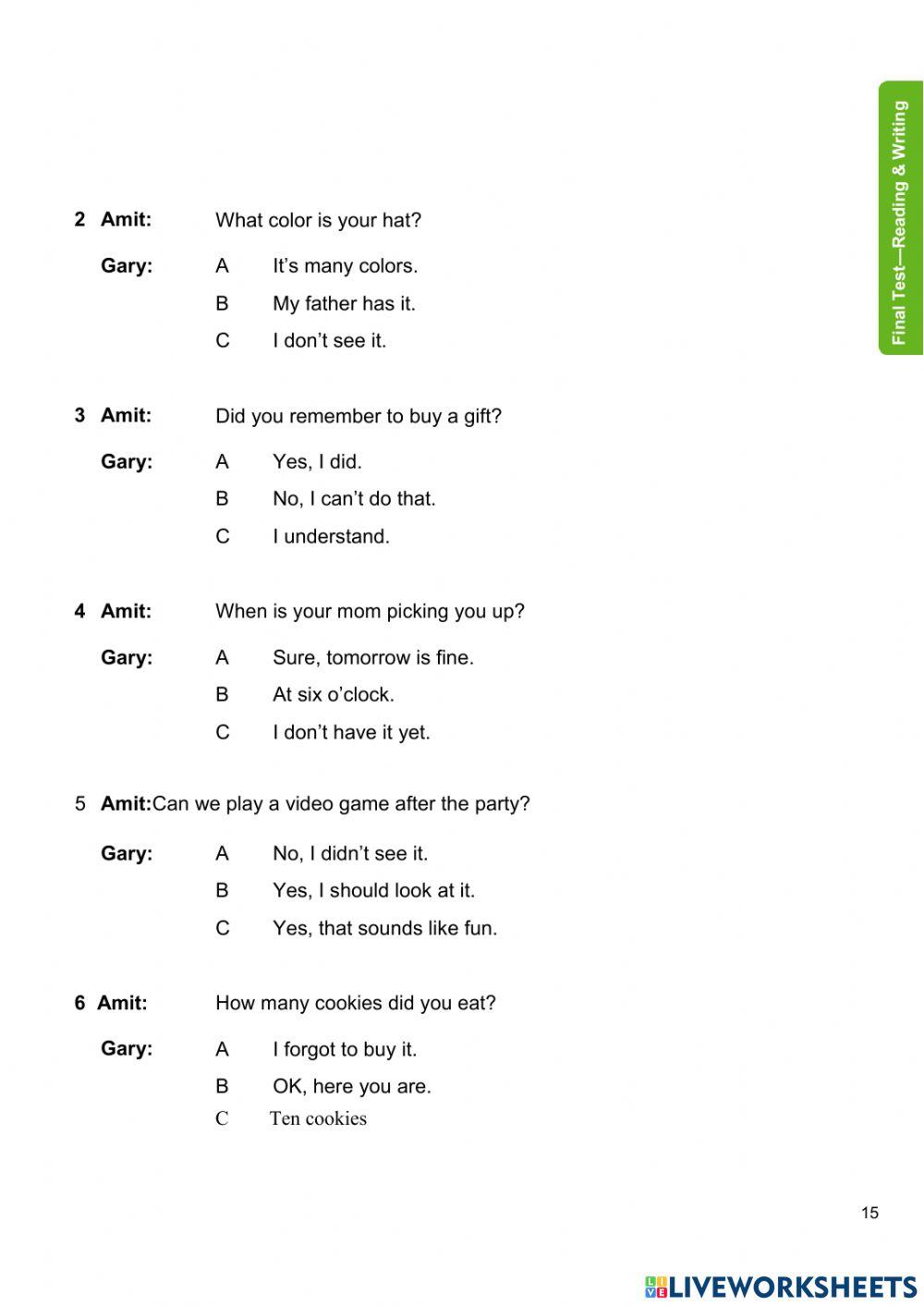 Hang Out- Final Test 3-Reading online exercise for | Live Worksheets