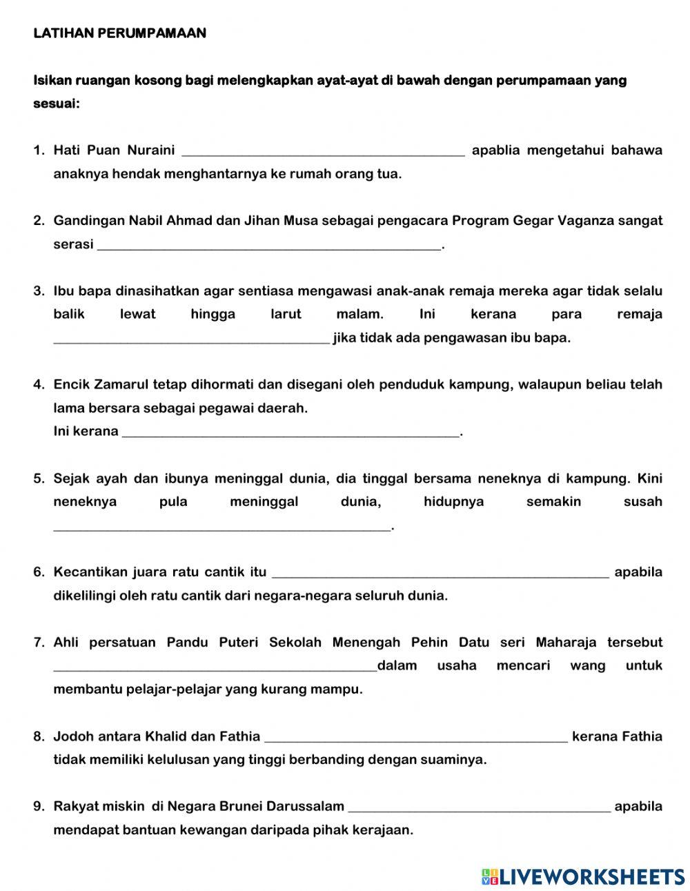 Perumpamaan Malay activity | Live Worksheets
