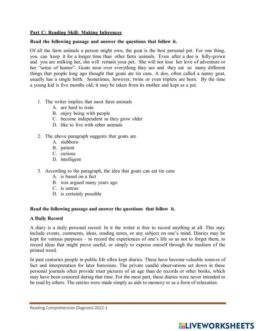 Reading Comprehension Diagnosis worksheet | Live Worksheets
