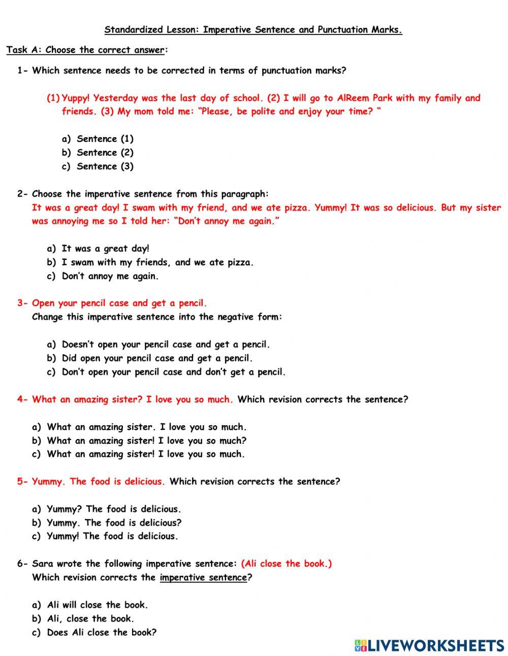 Standardized Lesson Imperative Sentence Task A online exercise for ...