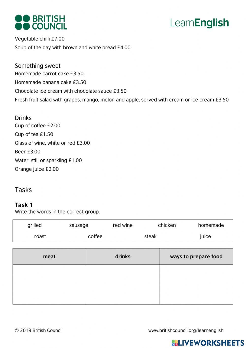 A restaurant menu online exercise for | Live Worksheets