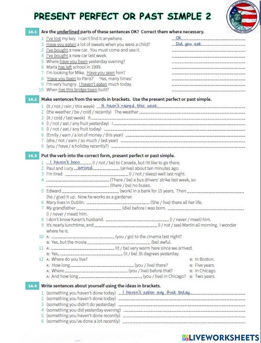 Present perfect or past simple 2 worksheet | Live Worksheets