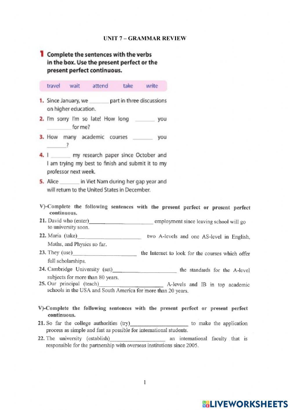 Unit 7 - grammar review worksheet | Live Worksheets