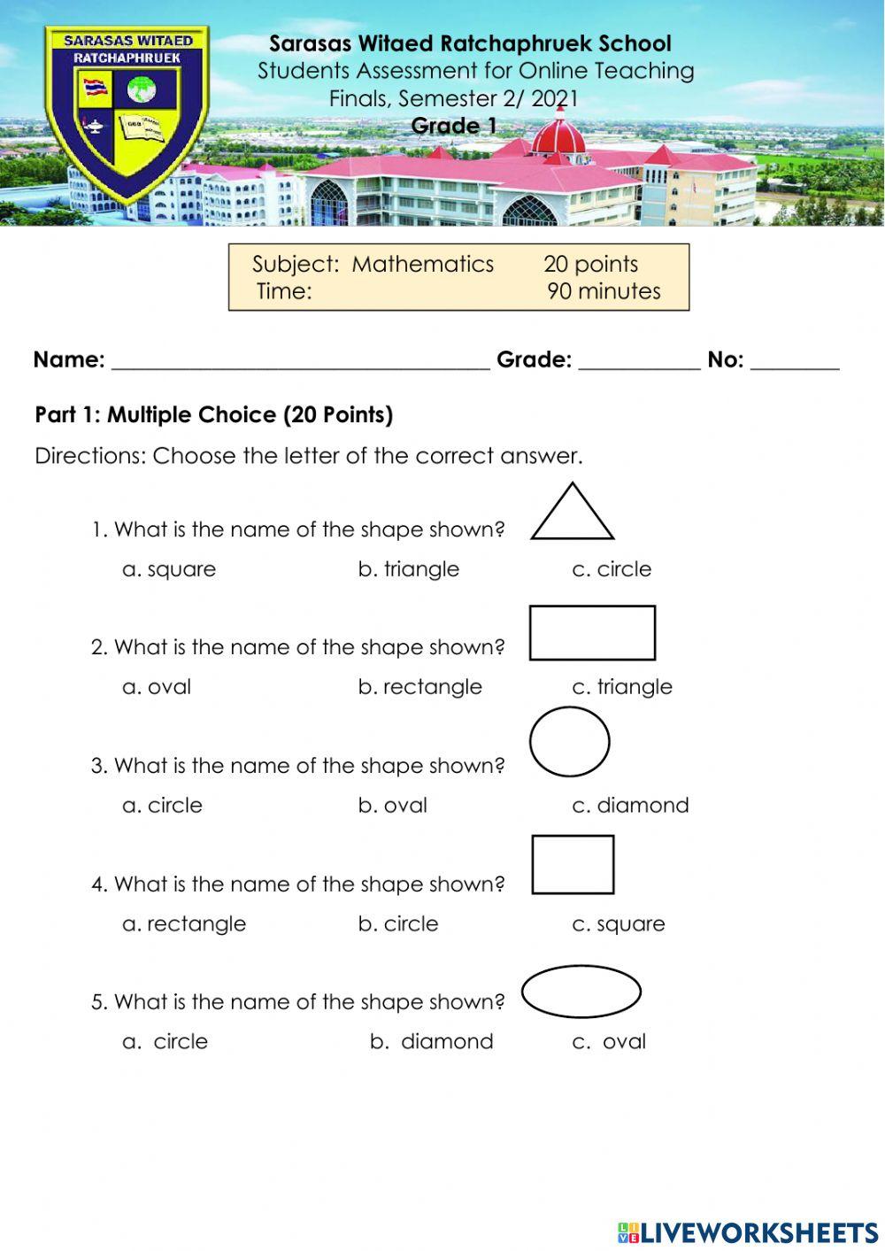 1899273 | Math exam grade 1 finals term 2 | Mae Rita