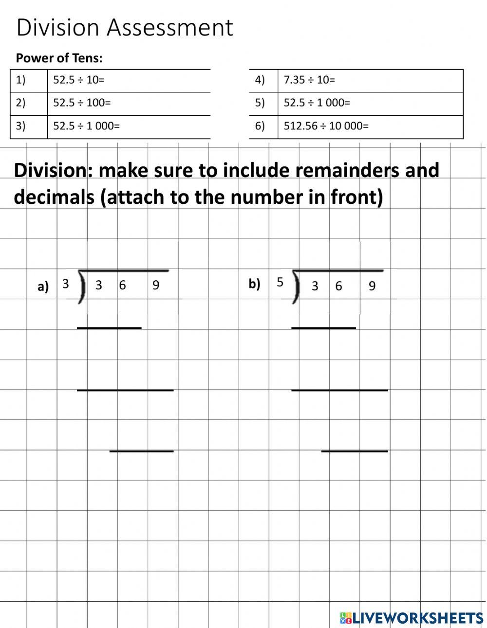 Division Assessment worksheet | Live Worksheets