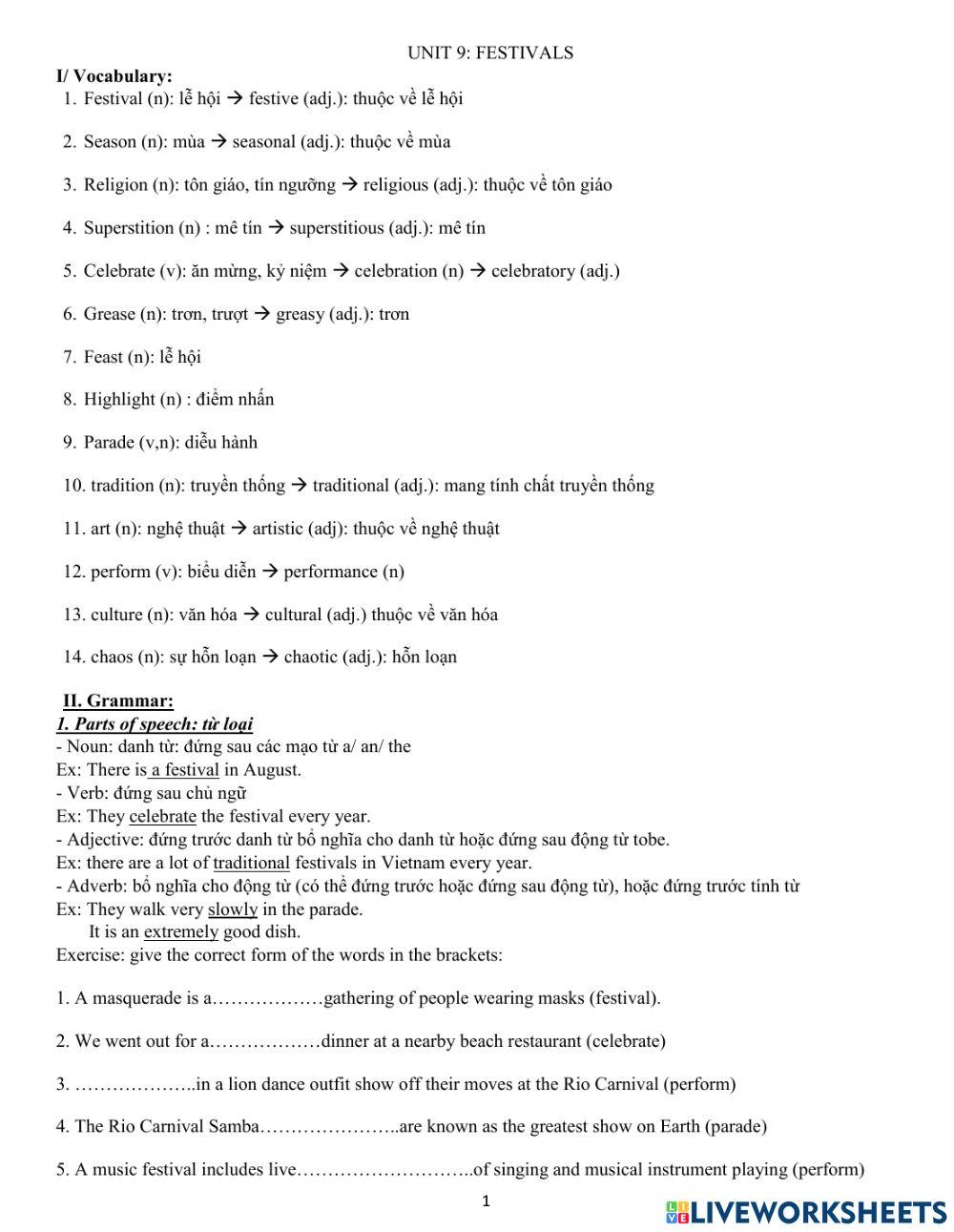 Lop 7- unit 9 - vocabulary and grammar worksheet | Live Worksheets