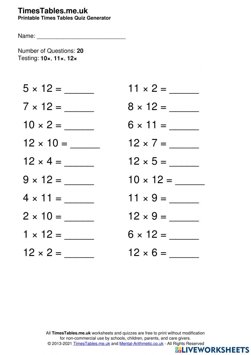 10, 11 , 12 Times Tables online exercise for | Live Worksheets