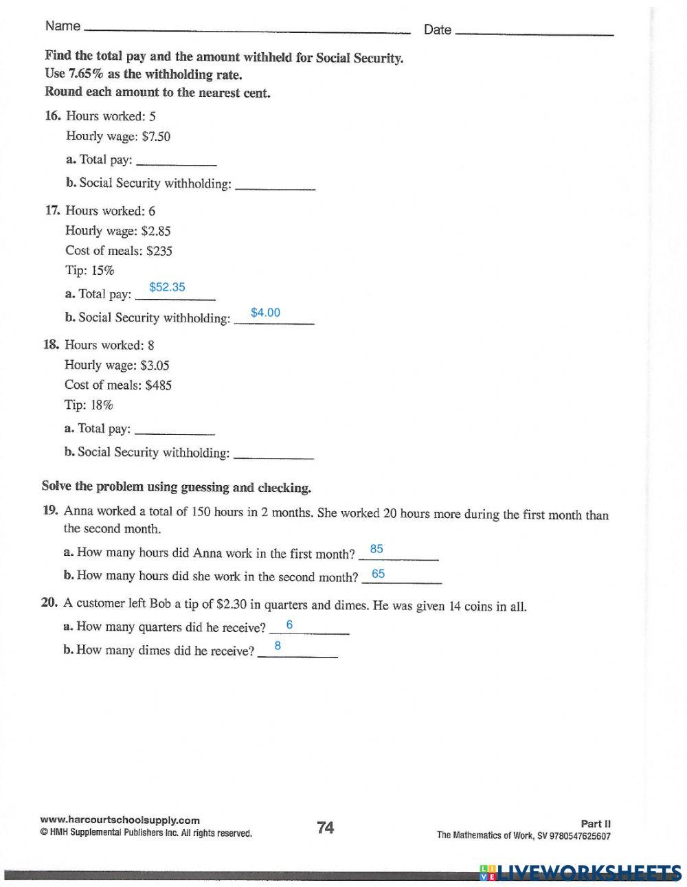 Wages, Tips, and Social Security test online exercise for | Live Worksheets