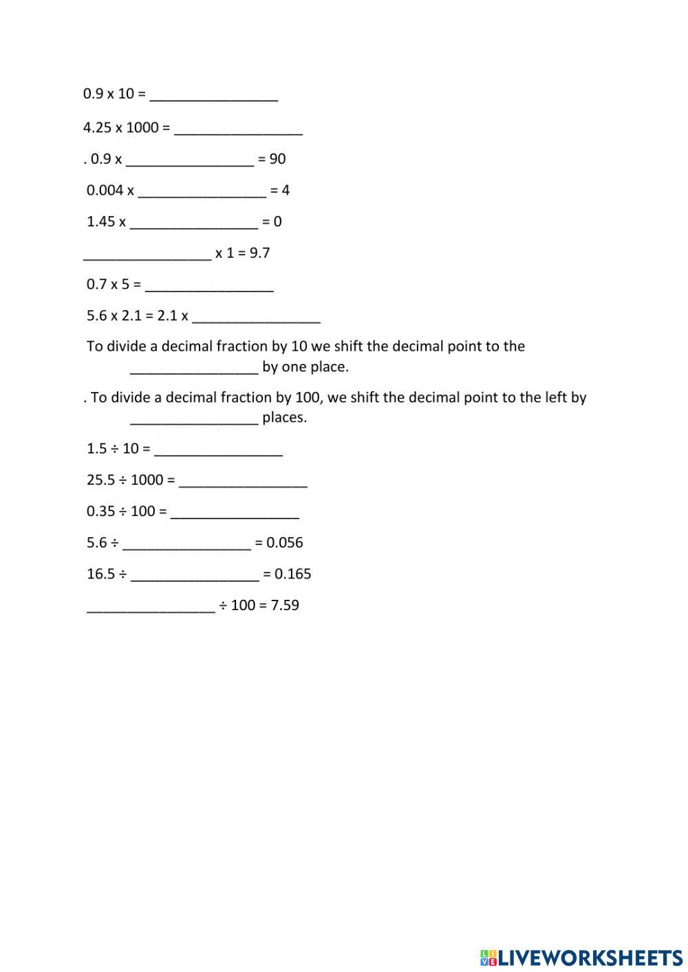 Decimals online exercise for | Live Worksheets