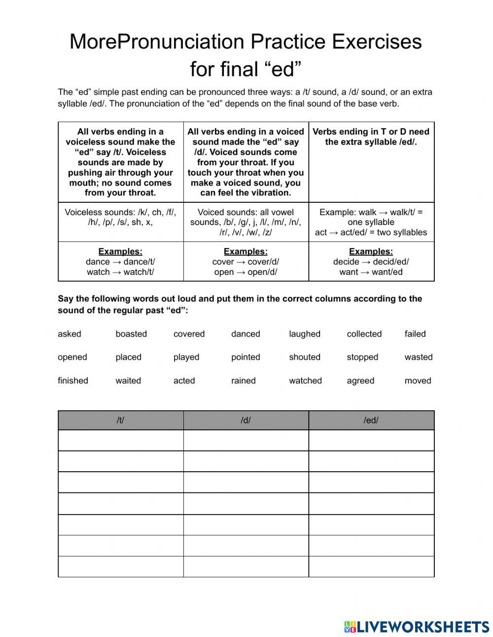 Pronouncing Simple Past 2 worksheet | Live Worksheets