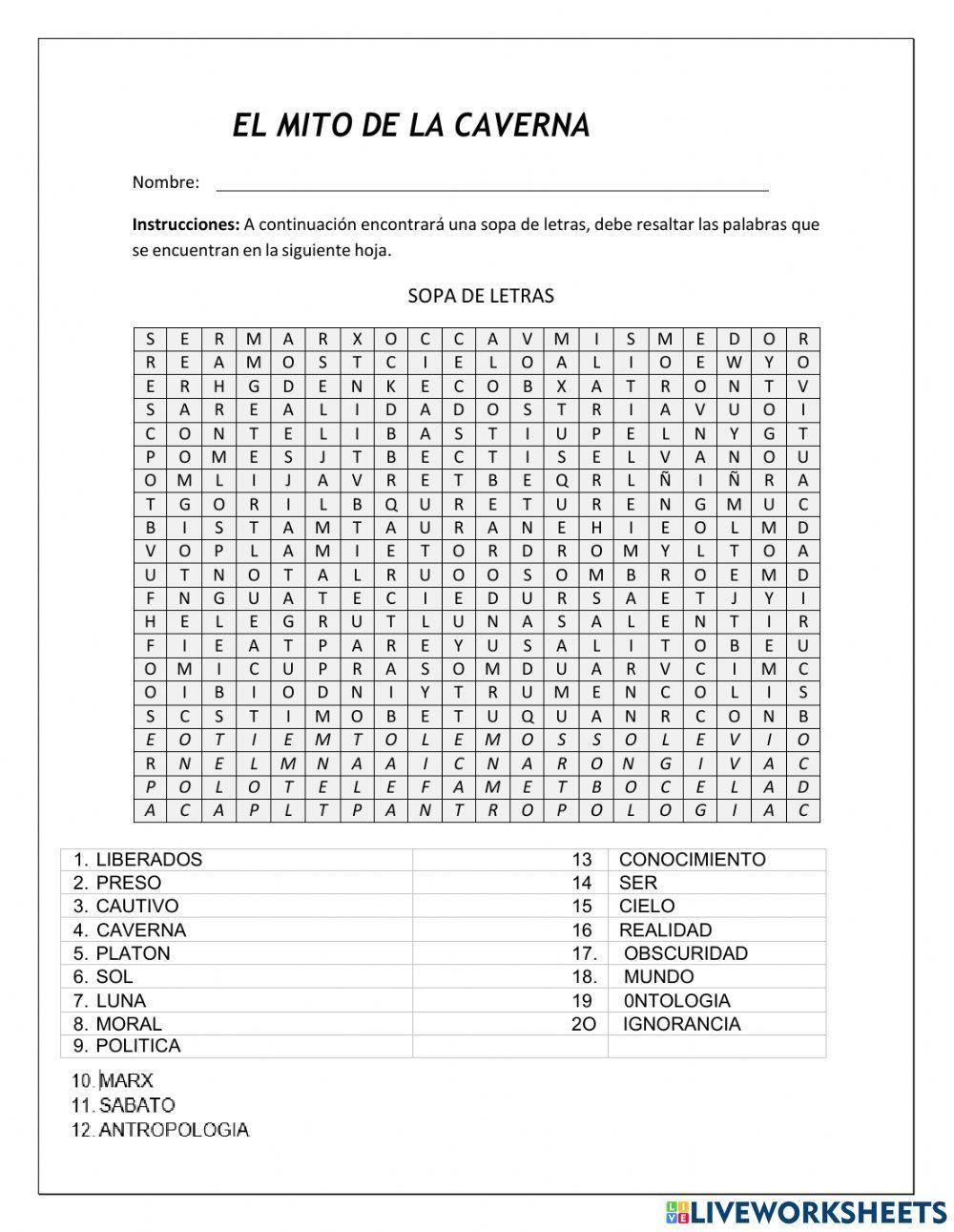 El mito de la caverna worksheet | Live Worksheets