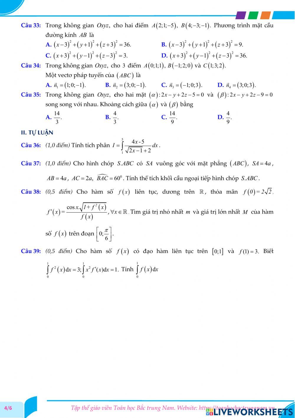 Toán 12-Kiểm tra GK2-THPT Đông Thành, Quảng Ninh-2021