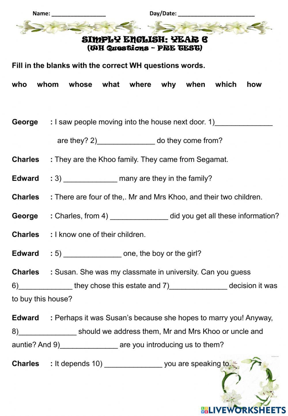 WH questions pre test online exercise for | Live Worksheets