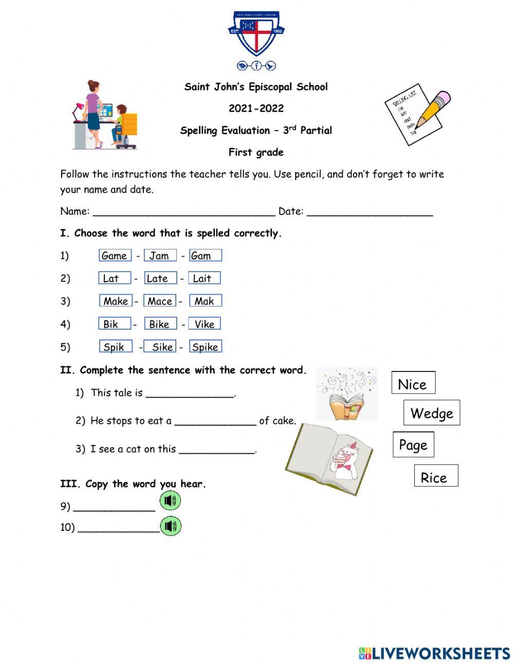 Spelling 3rd partial evaluation - 1st grade online exercise for | Live Worksheets