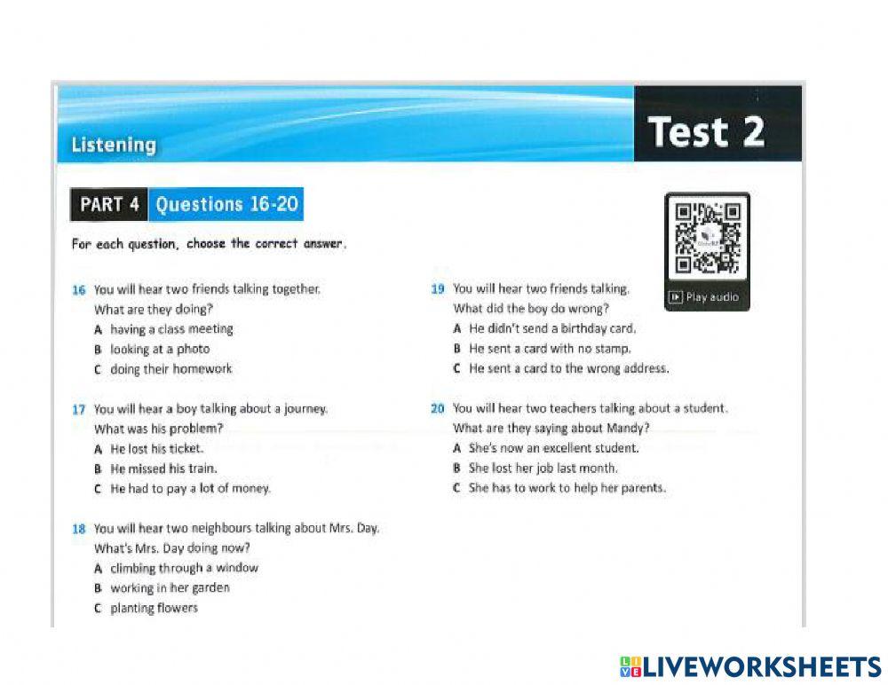 Listening Simply Ket Test 2 Online Exercise For Live Worksheets