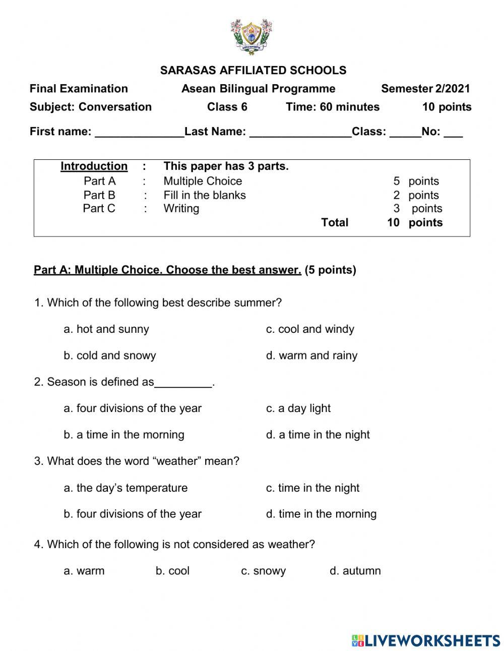 G6 CONVERSATION FINAL online exercise for | Live Worksheets