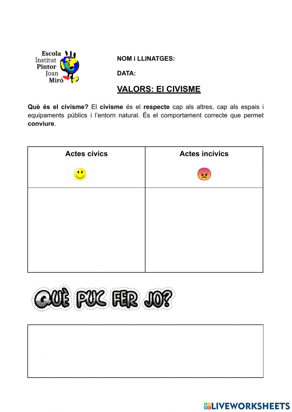 El valor del civisme worksheet | Live Worksheets