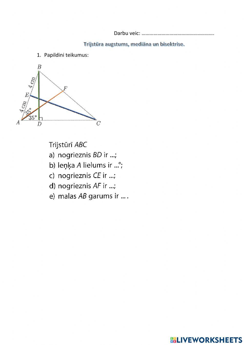 Trijstūra augstums, mediāna, bisektrise online exercise for | Live ...