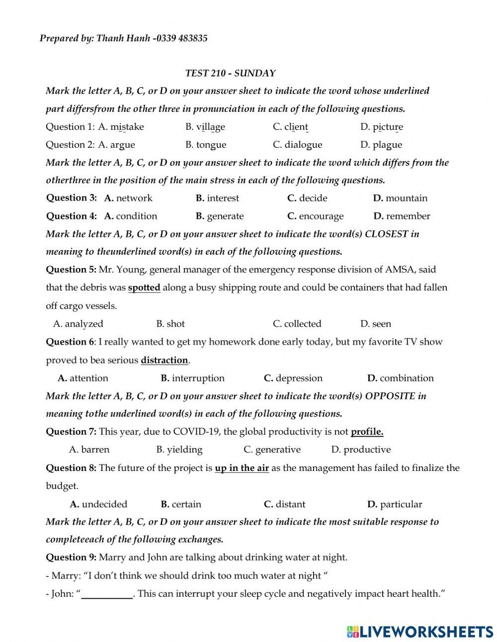 Test 210 cn worksheet | Live Worksheets