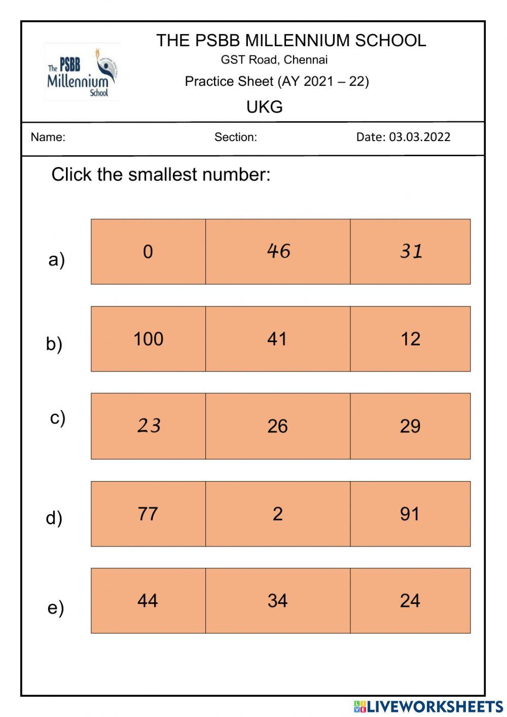 Click the smallest number online exercise for | Live Worksheets