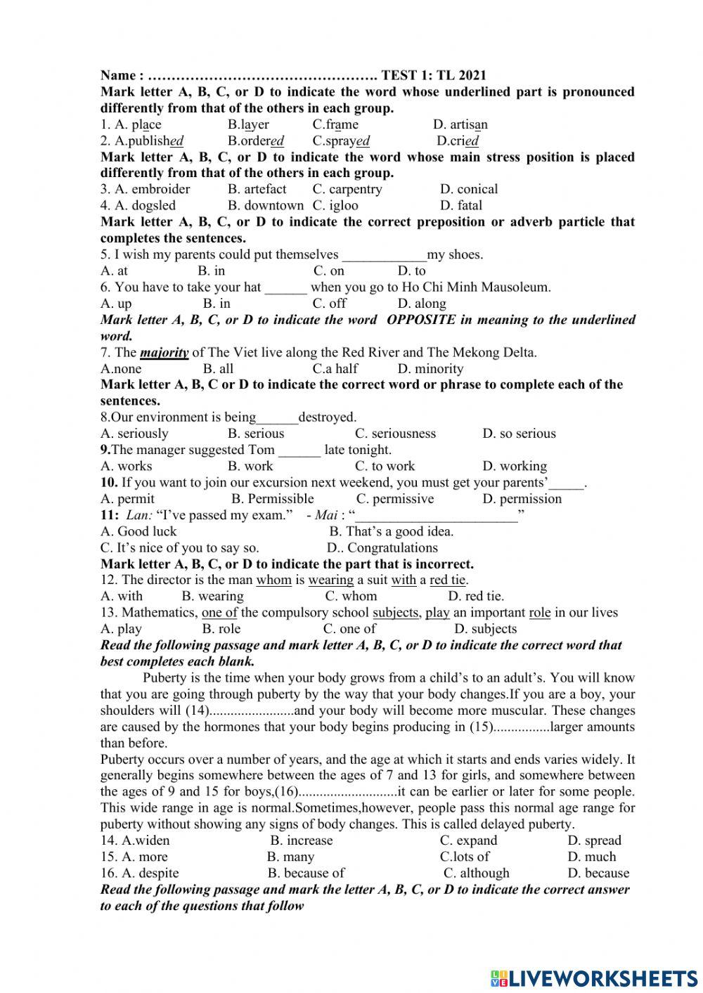 WORKSHEET online exercise for | Live Worksheets