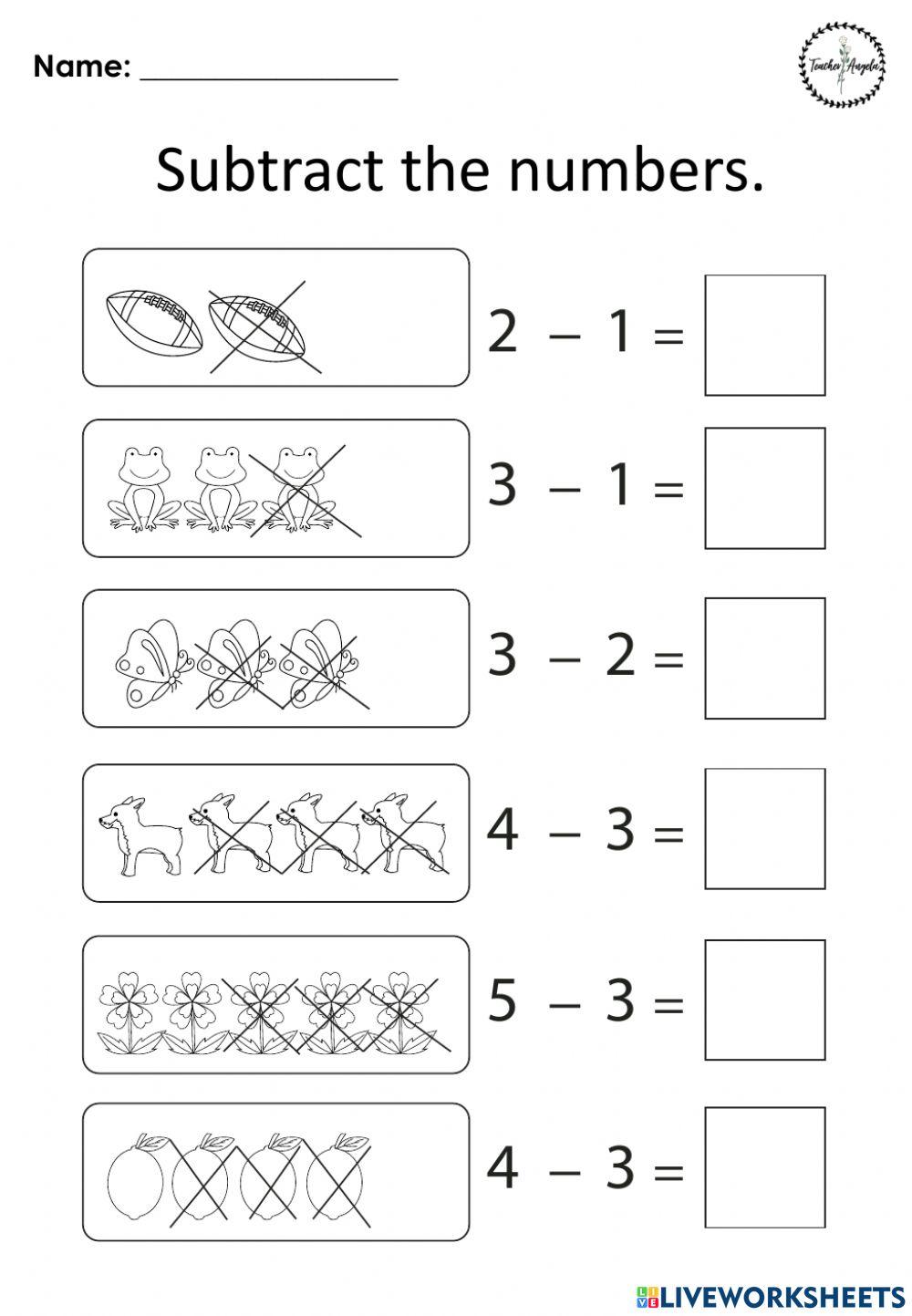 Subtracting numbers | Teacher Angela | Live Worksheets