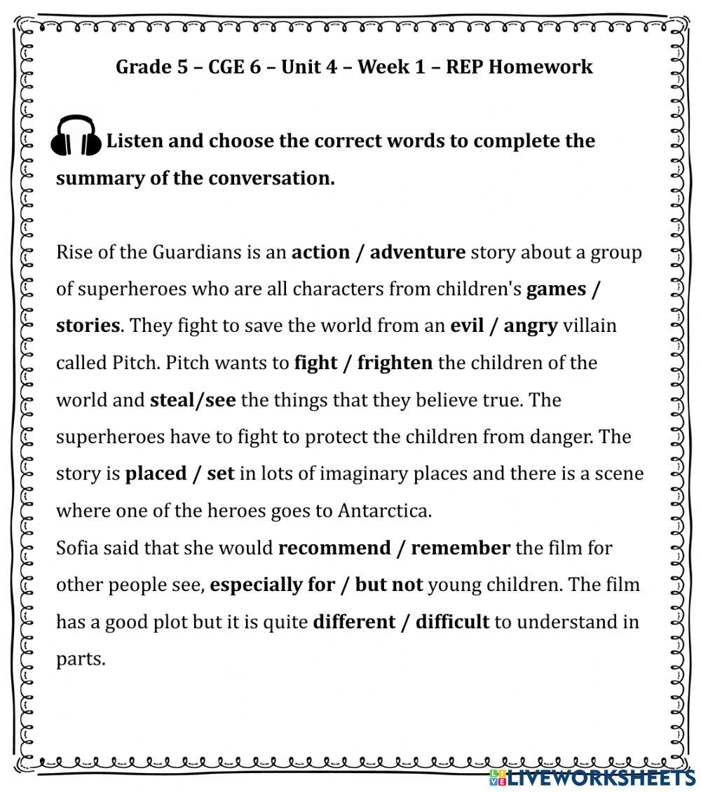 Grade 5 - CGE 6 - U4 - W1 - REP Homework worksheet | Live Worksheets