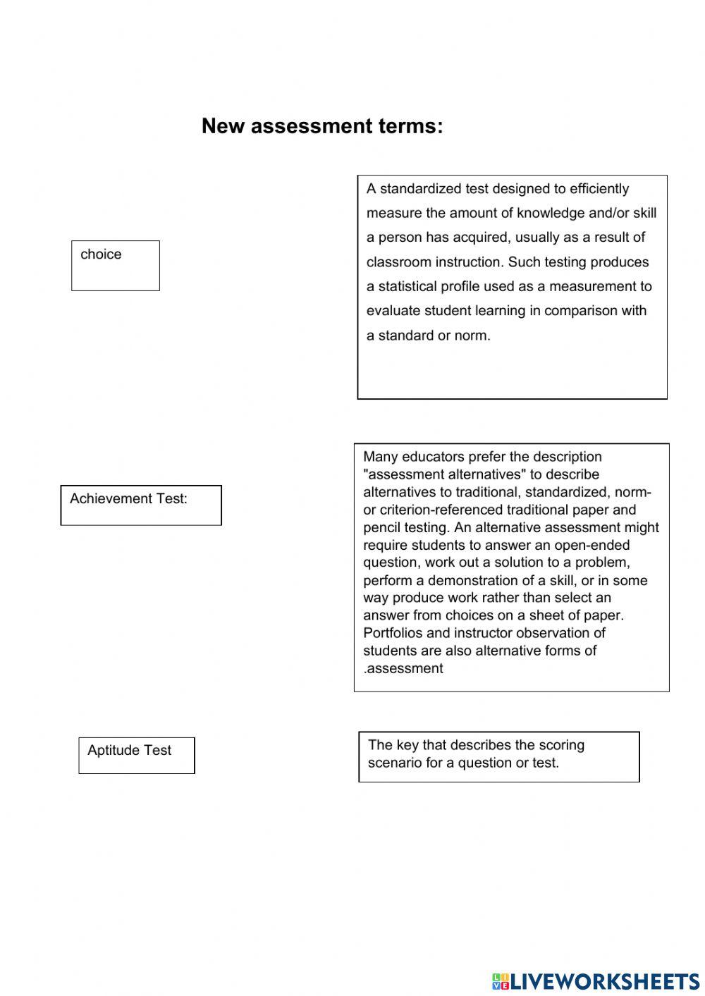 New assessment terms worksheet | Live Worksheets