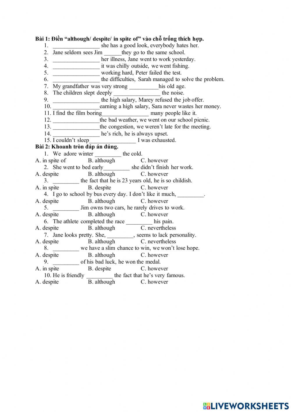 although-despite online exercise for | Live Worksheets