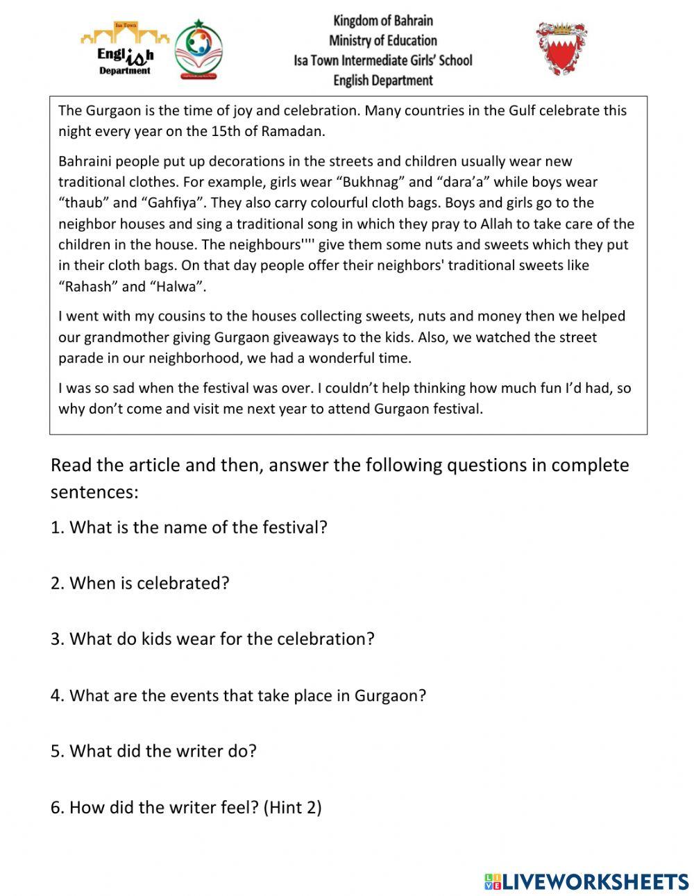 Festivals online pdf worksheet | Live Worksheets