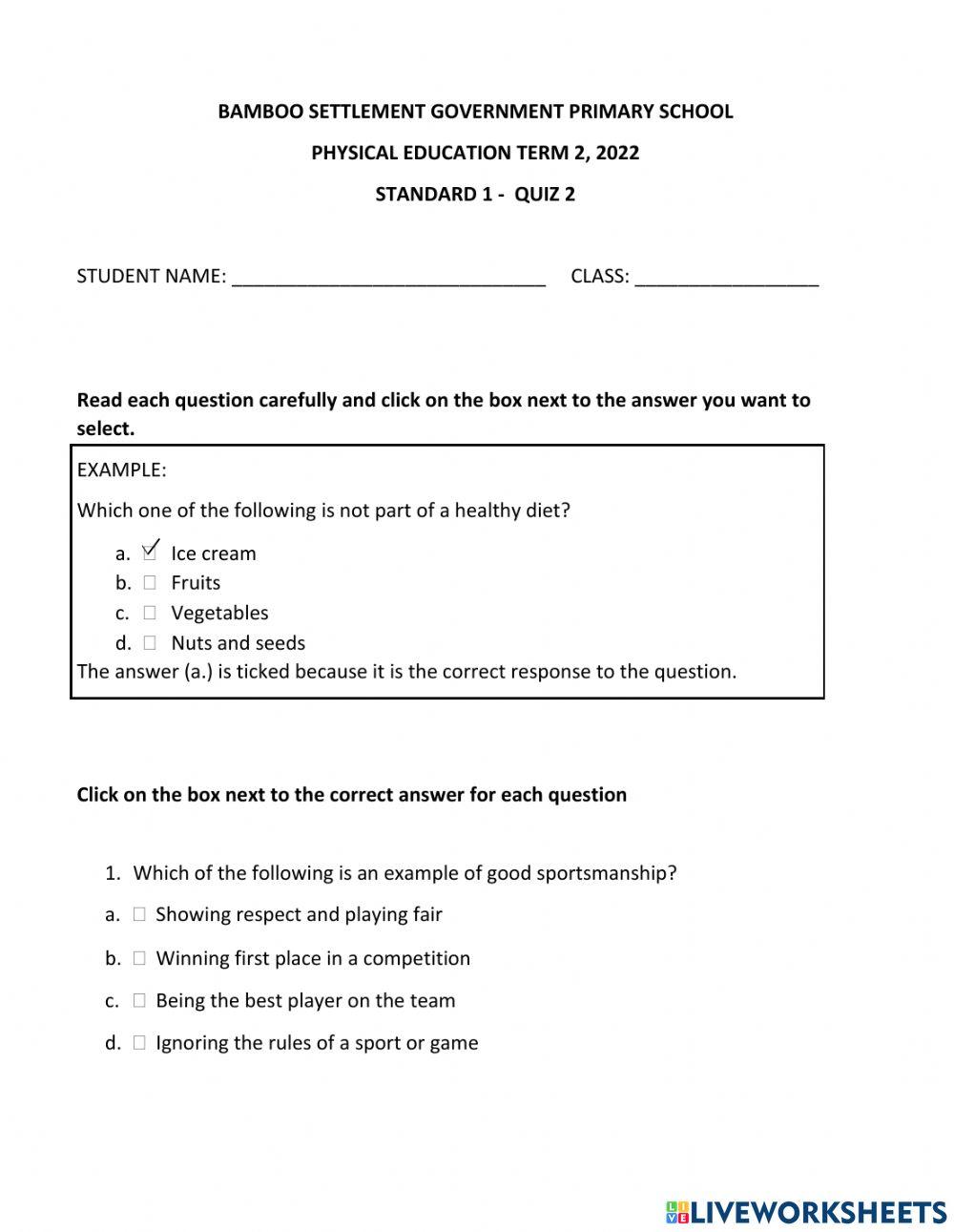 STANDARD 1 PE QUIZ 2 2022 online exercise for | Live Worksheets