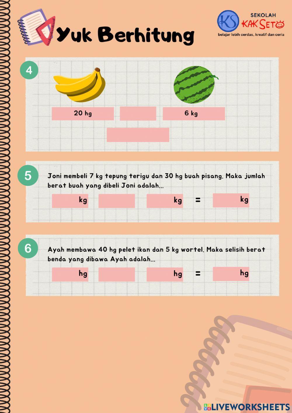 Latihan Menghitung Berat Benda worksheet | Live Worksheets