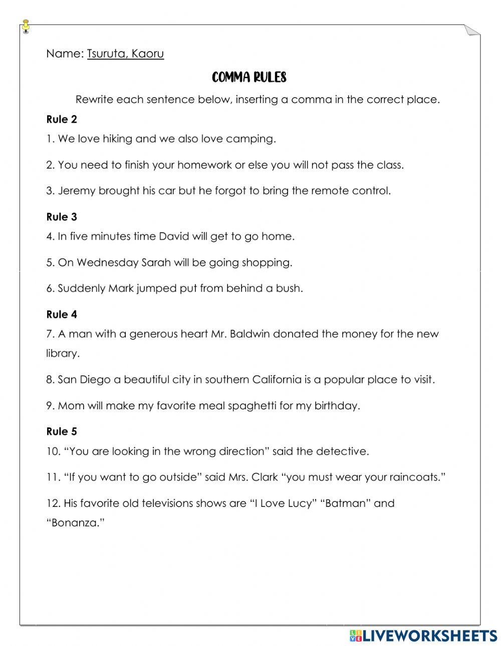 Comma Rules Grade 2 online exercise for | Live Worksheets