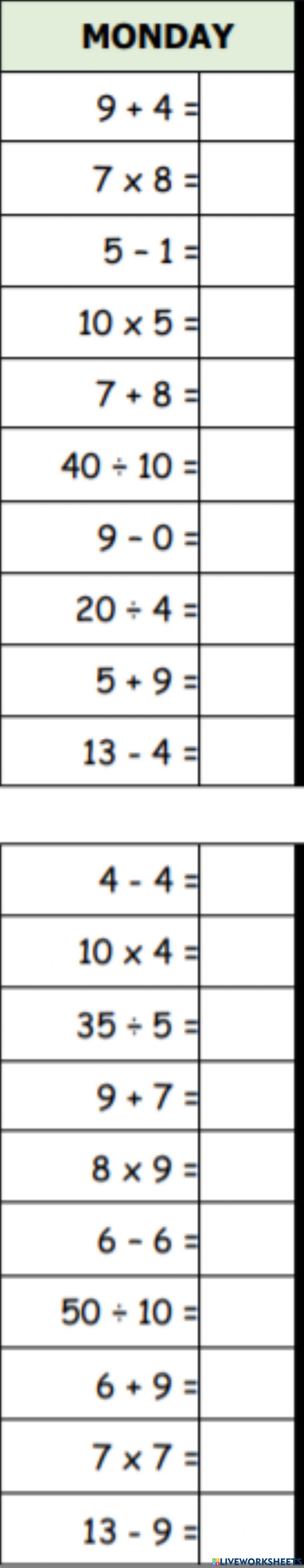 Basic Facts 9 Monday online exercise for | Live Worksheets