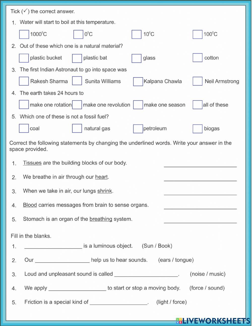 4TH CLASS SCIENCE QUESTION PAPER online exercise for | Live Worksheets