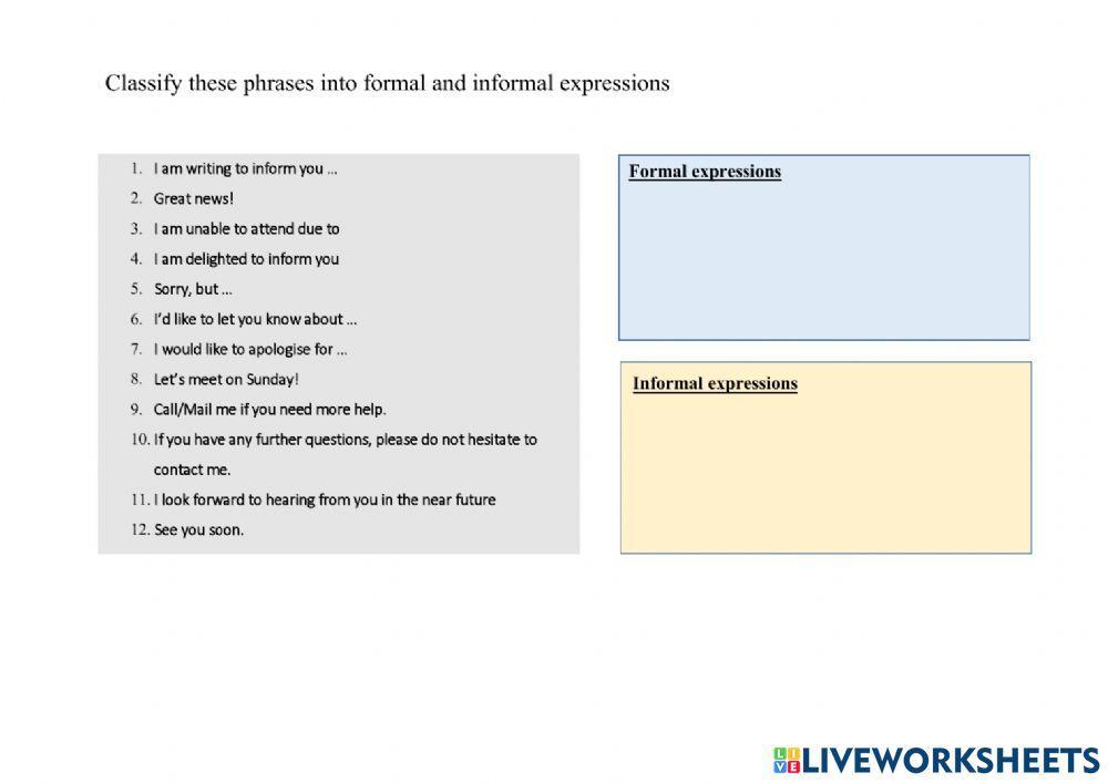 Formal and info… | Free Interactive Worksheets | 1905106